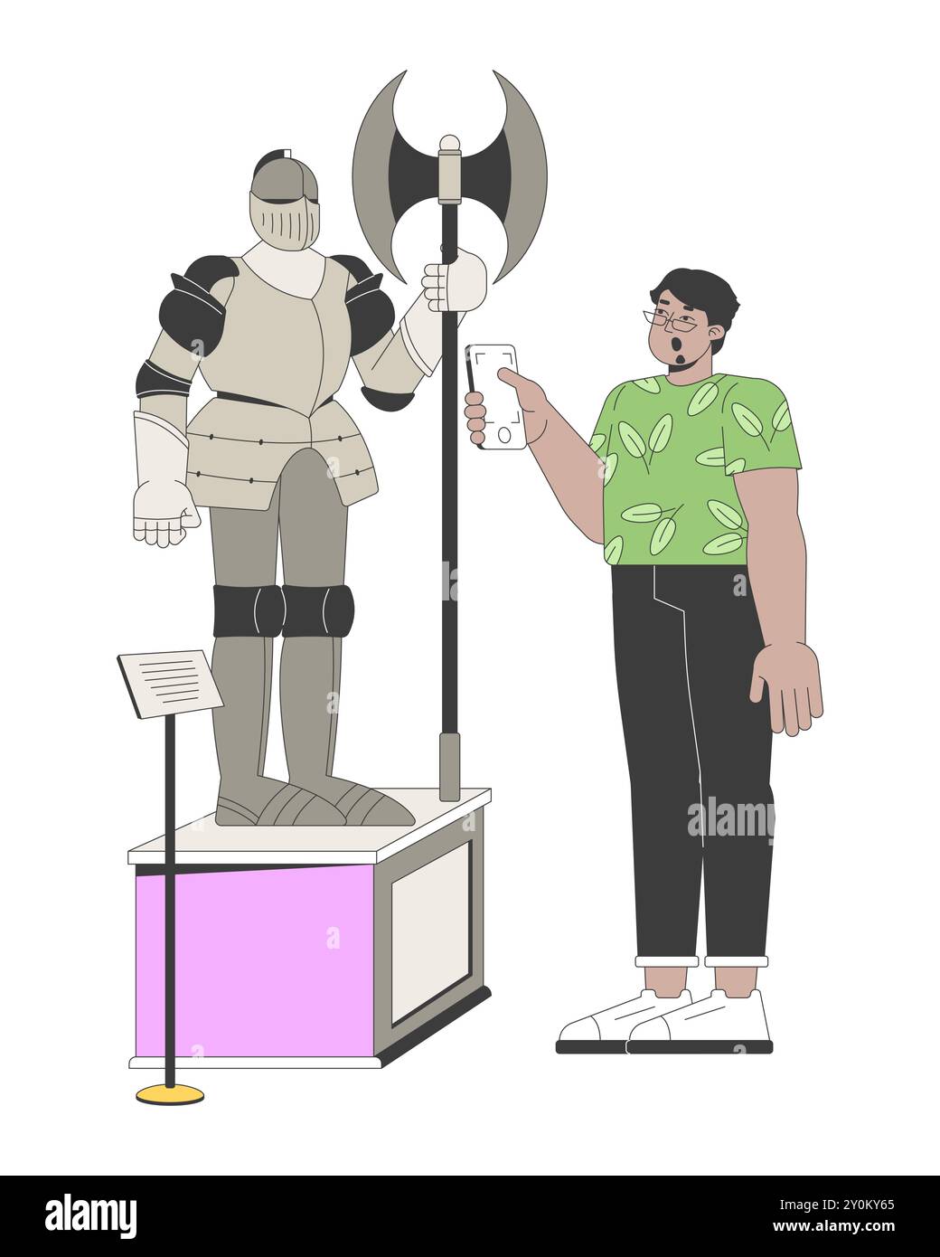 Arab man taking photo of medieval knight armor 2D linear cartoon ...