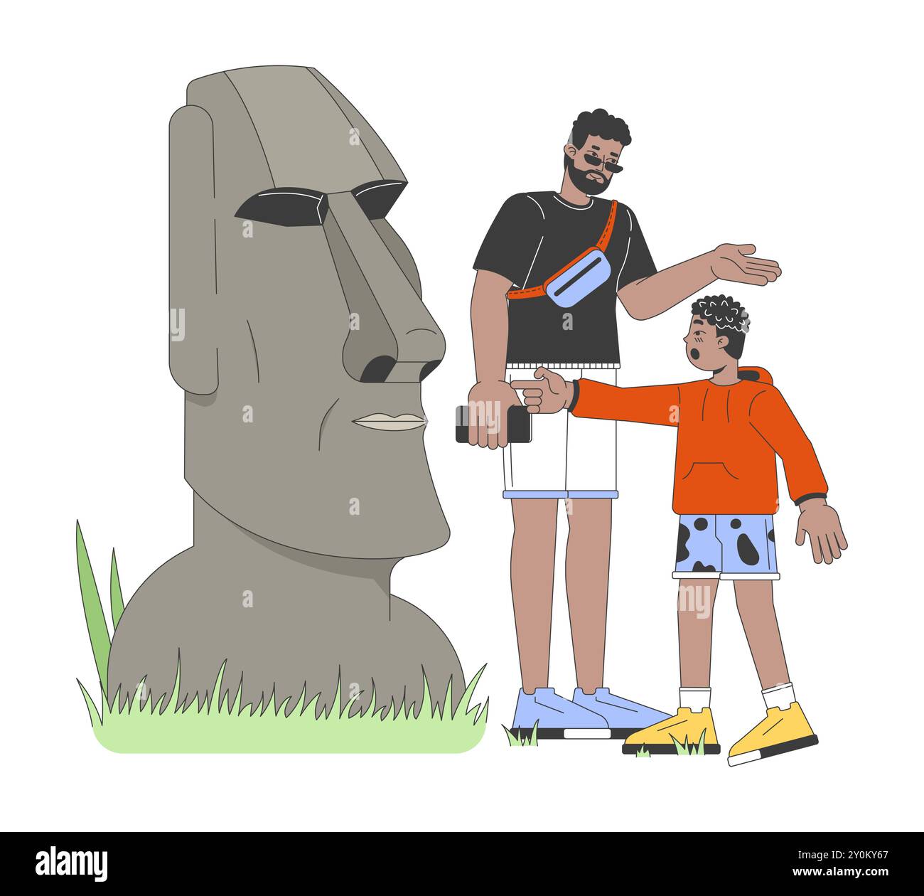 African american son and dad visit moai statue 2D linear cartoon ...