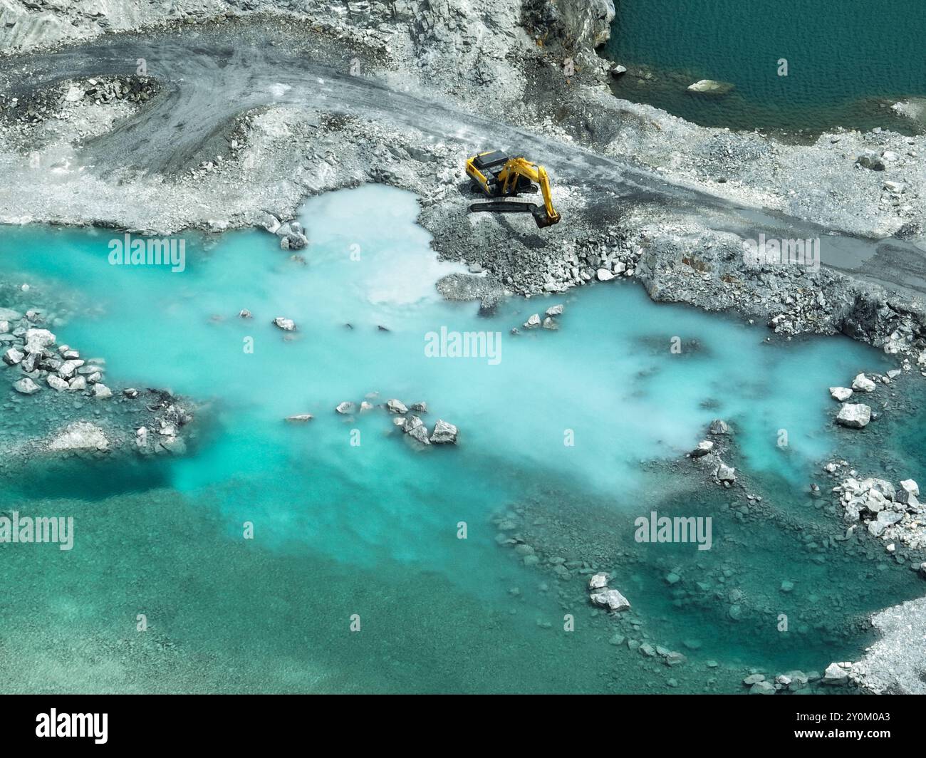 Open pit mine industry. Limestone quarry with backhoe and truck in ...
