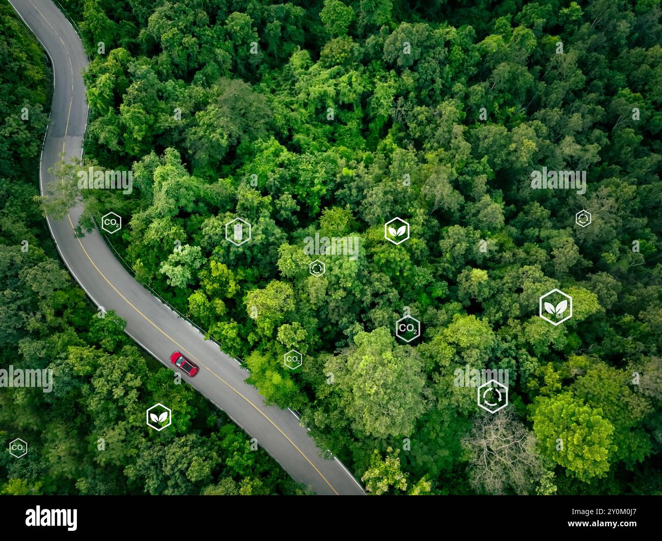 Aerial drone view of red electric car on highway through green forest ...