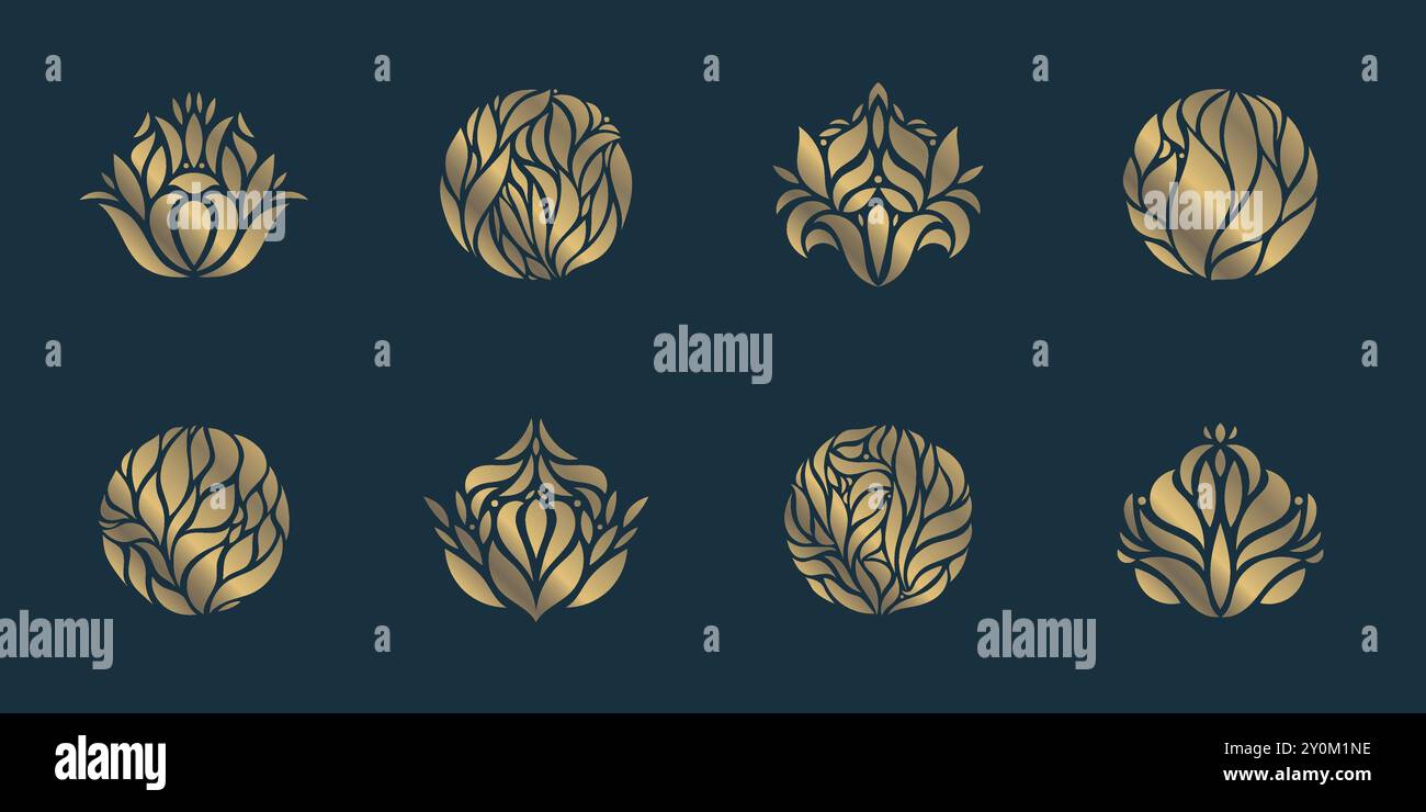 Vector set of floral leaf golden logos, circle plant emblems, round ...