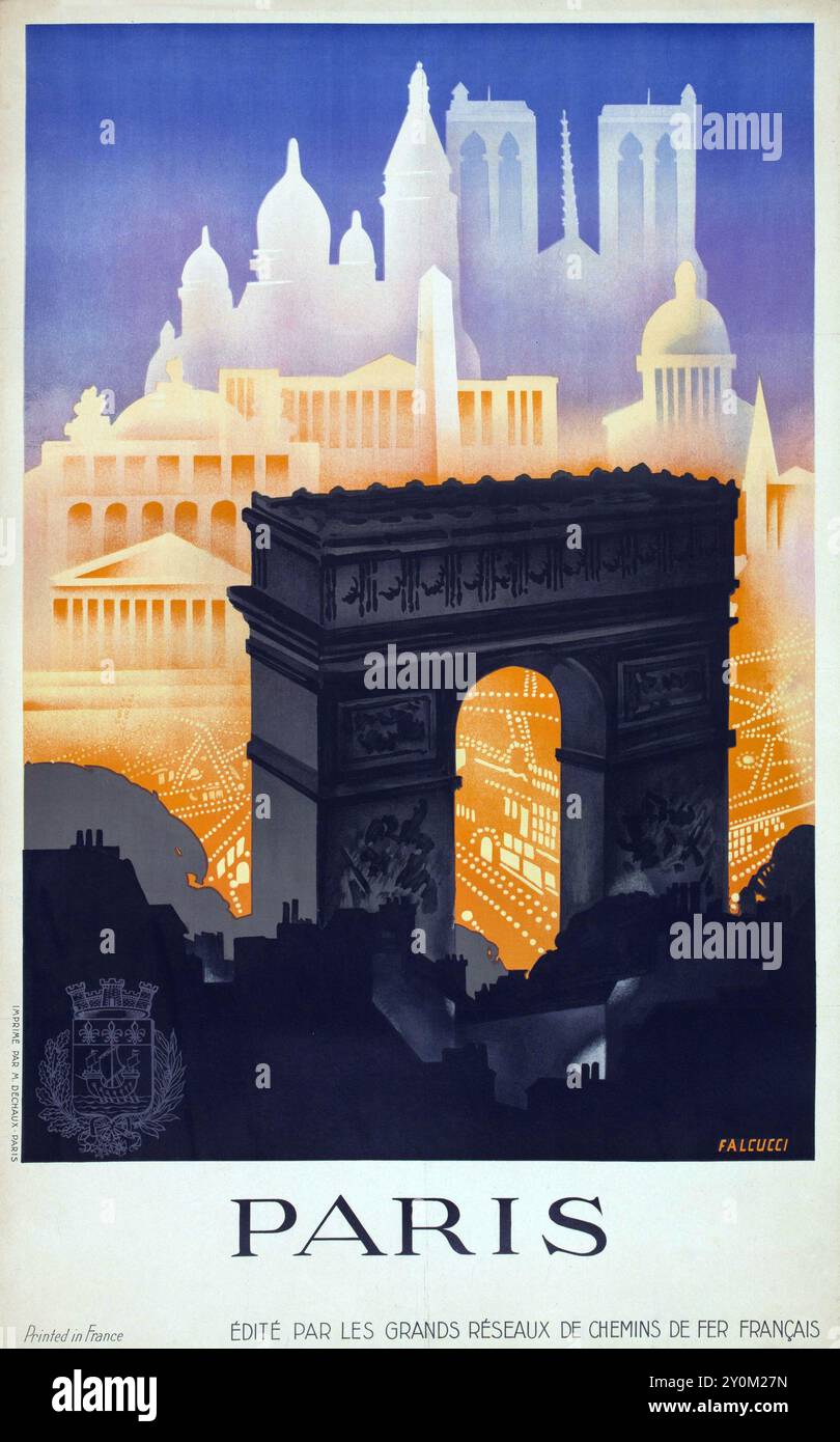 Paris, travel poster feat Arc de Triomphe - Triumphal arch - 1930s ...