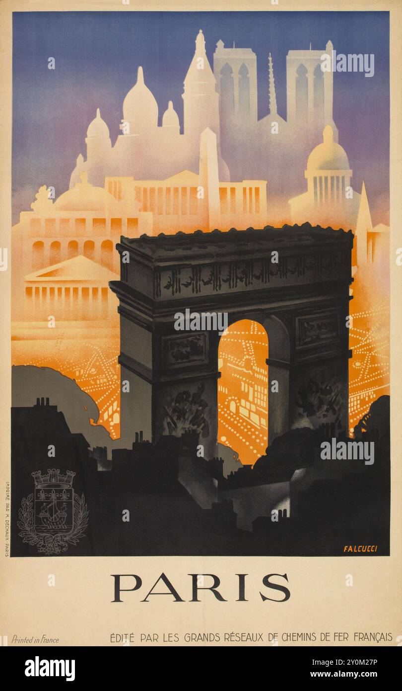 Paris, travel poster feat Arc de Triomphe - Triumphal arch - 1930s ...