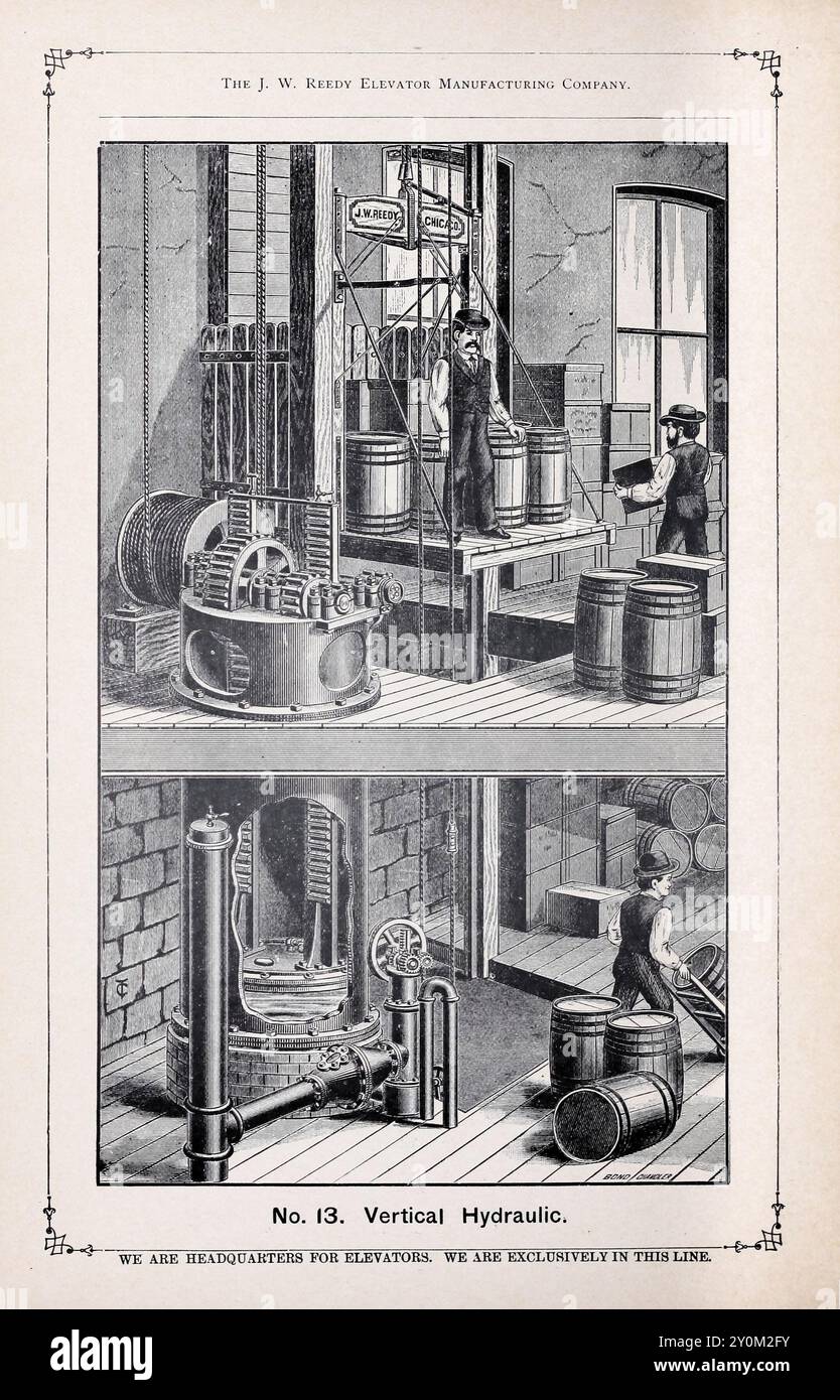 1890s Vertical Hydraulic Freight Elevator. Vintage illustration from ...