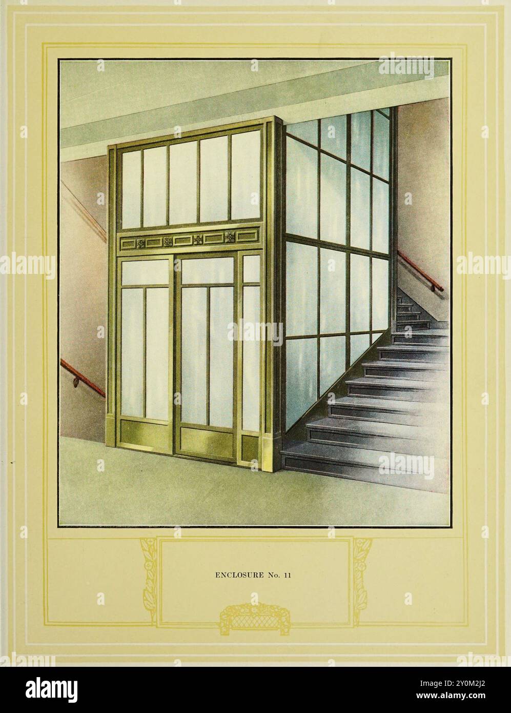 Elevator cage door enclosure with wrap around staircase. Vintage Image ...