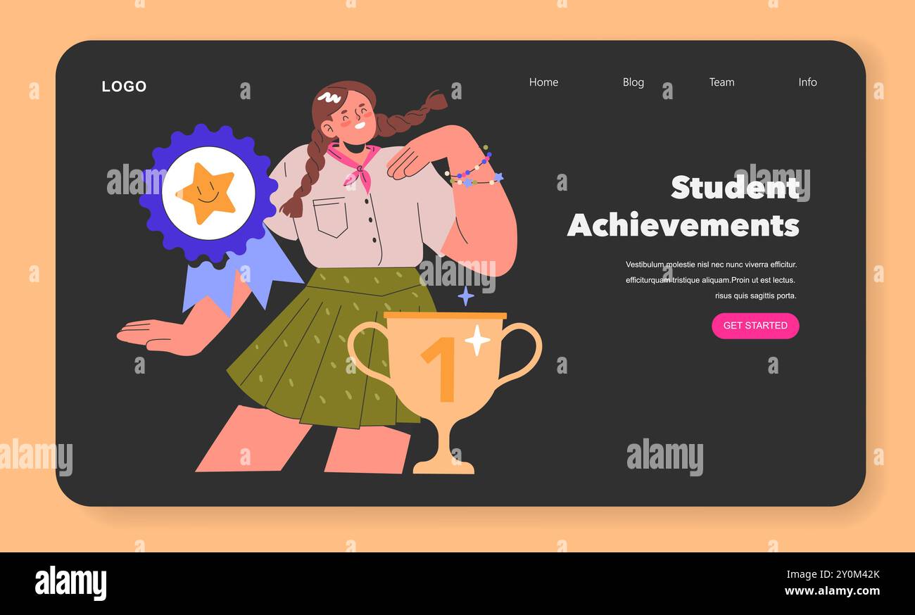 Webpage banner concept. A proud student holds a winner's trophy ...