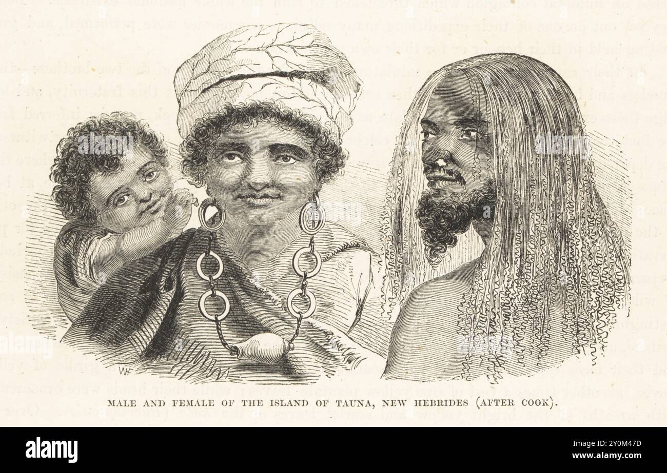 Man, woman and child of the island of Tanna, Vanuatu. Man with nose ...