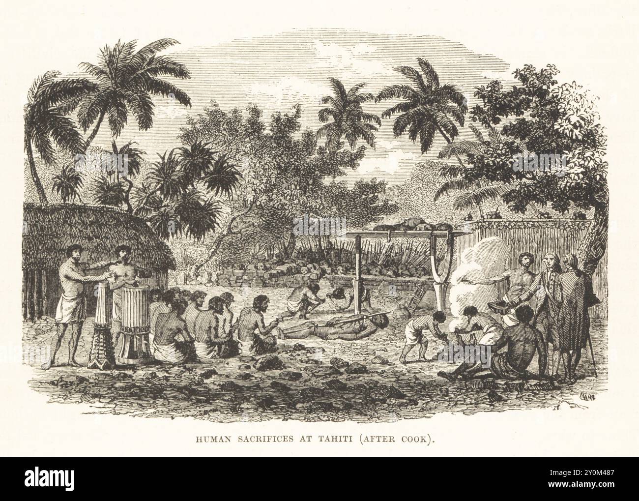 Captain Cook watching a human sacrfice in Tahiti, 1777. A corpse lies ...