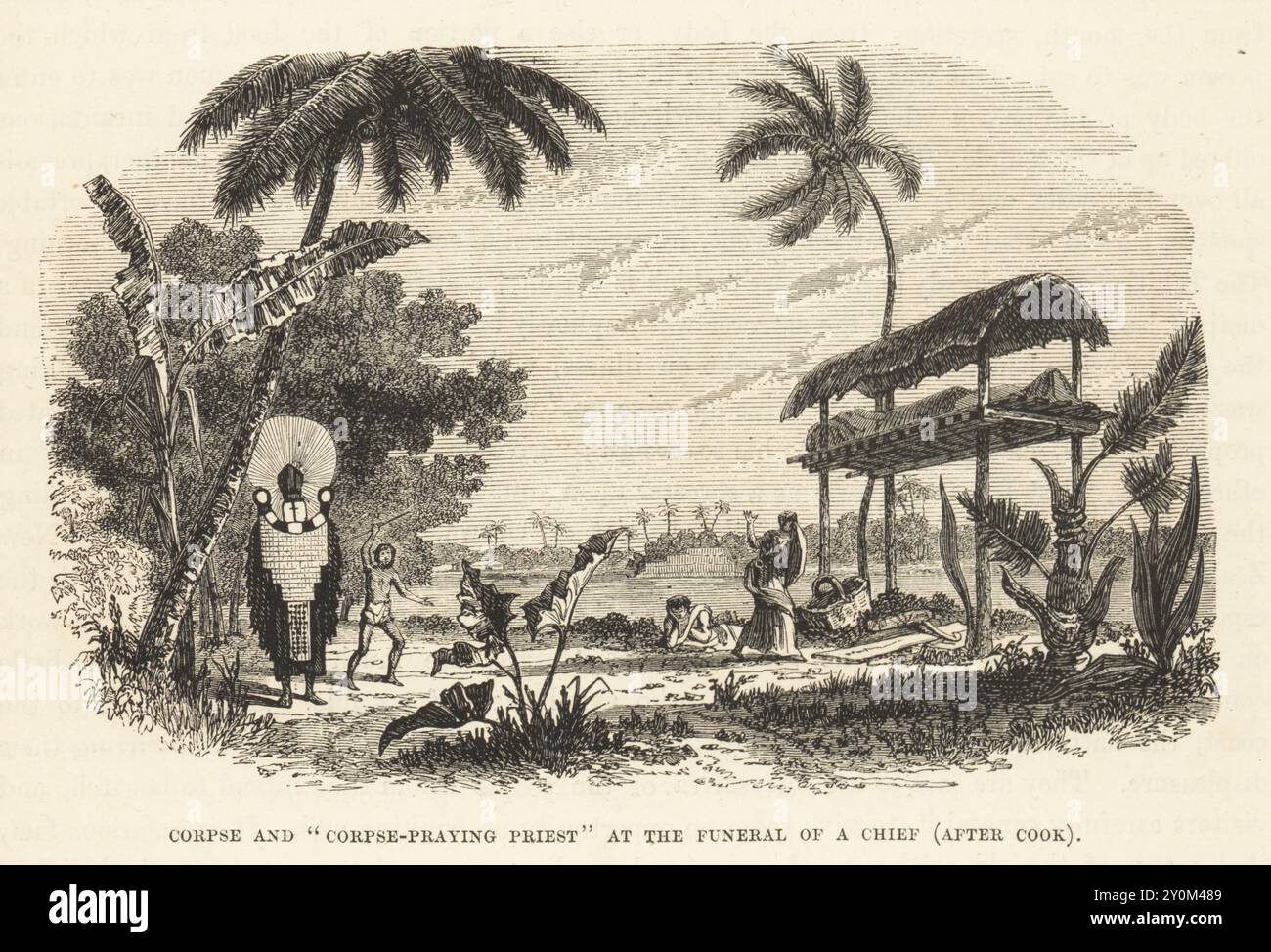 Corpse on a funerary monument (tupapow) in Tahiti. Chief mourner stands ...