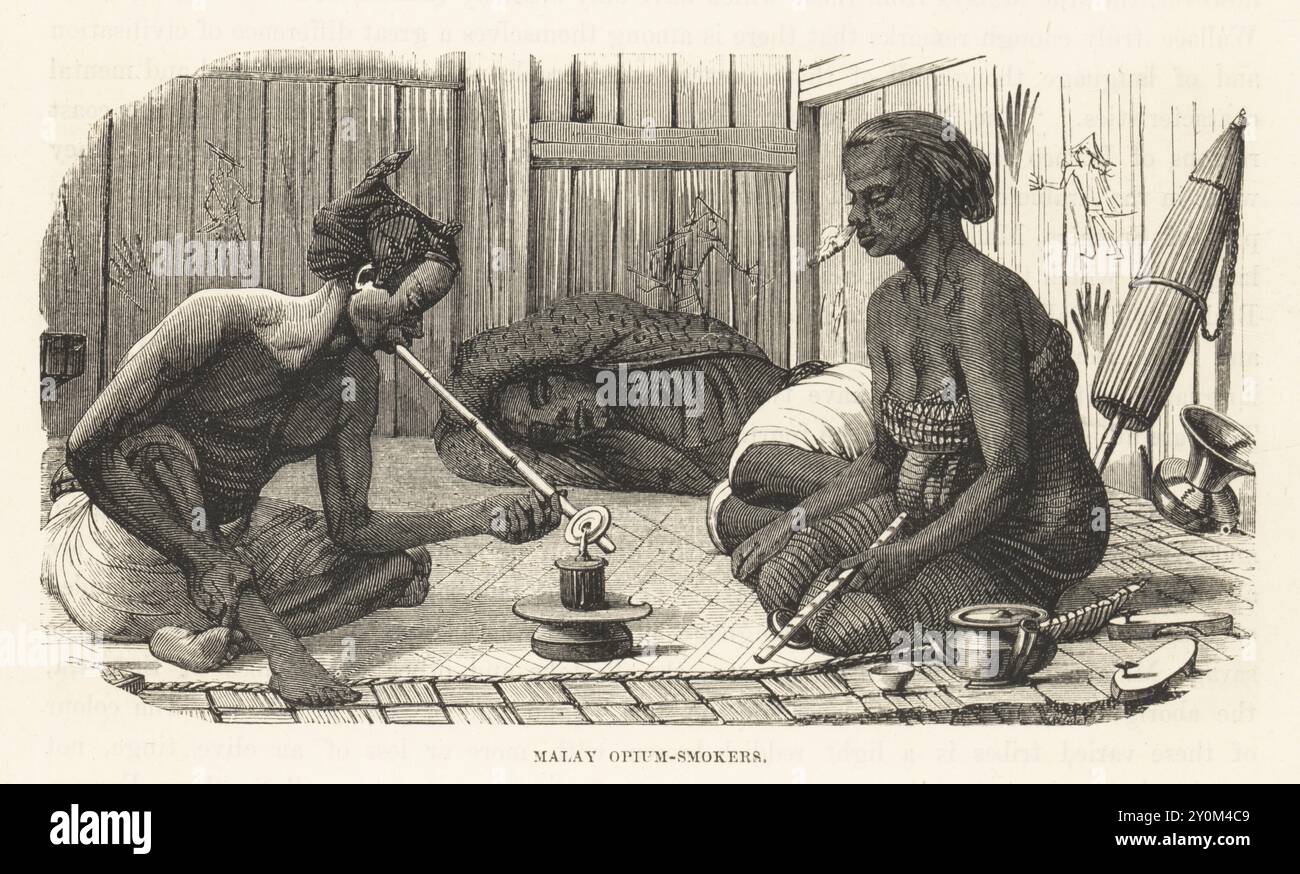 Malay men and woman smoking opium in a hut, 19th century. They use ...