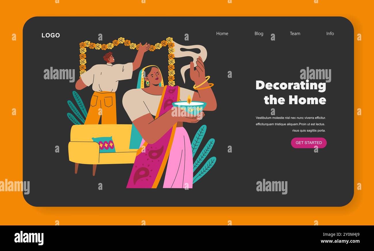 Navaratri celebration set. Two Indian characters decorating home with ...