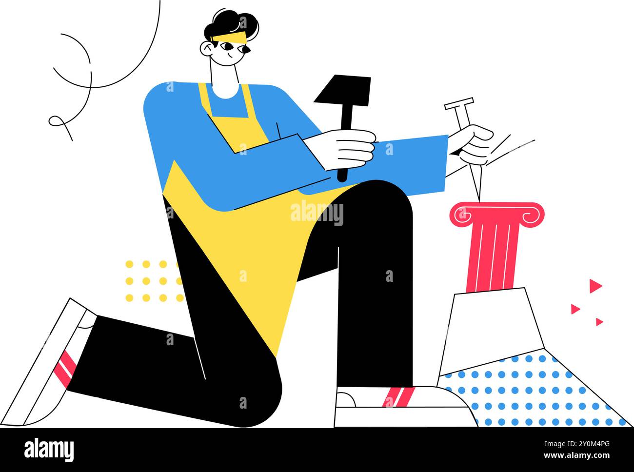 Stone Sculptor Carving a Column with Hammer and Chisel, Flat Vector ...