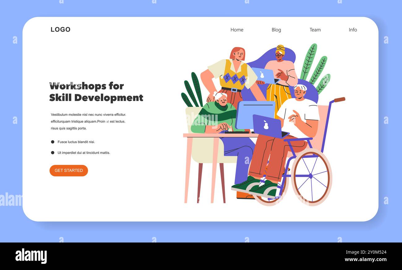 Skill development workshop concept. Diverse individuals engaging in collaborative learning at a ...