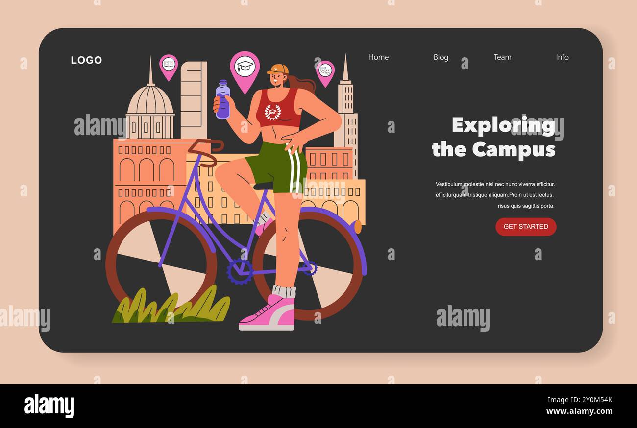 Freshman Year concept. A student cycling around campus with iconic ... Freshman Year concept. A student cycling around campus with iconic ...
