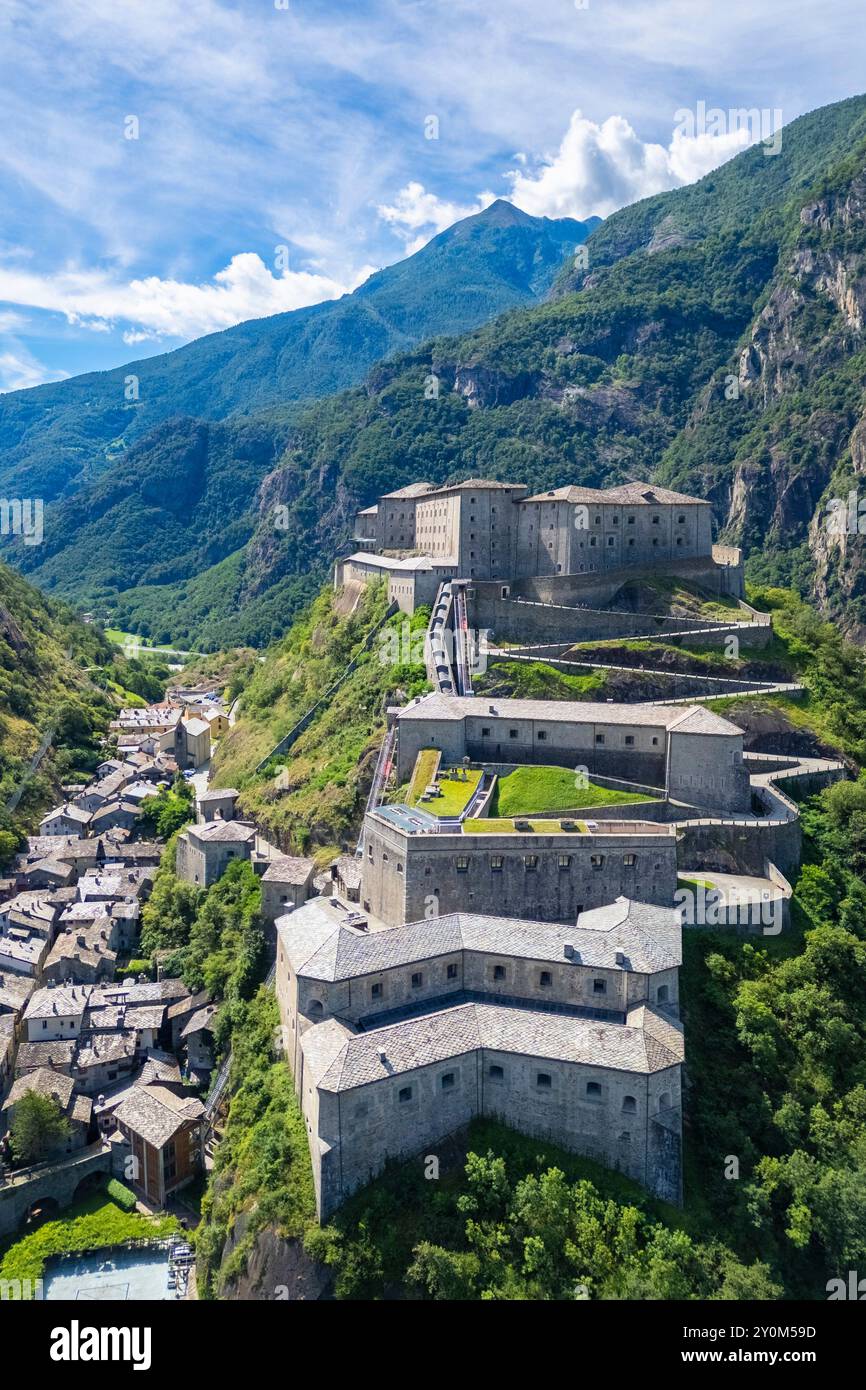 Aerial view of the imposing fortress of Forte di Bard in summer. Bard ...