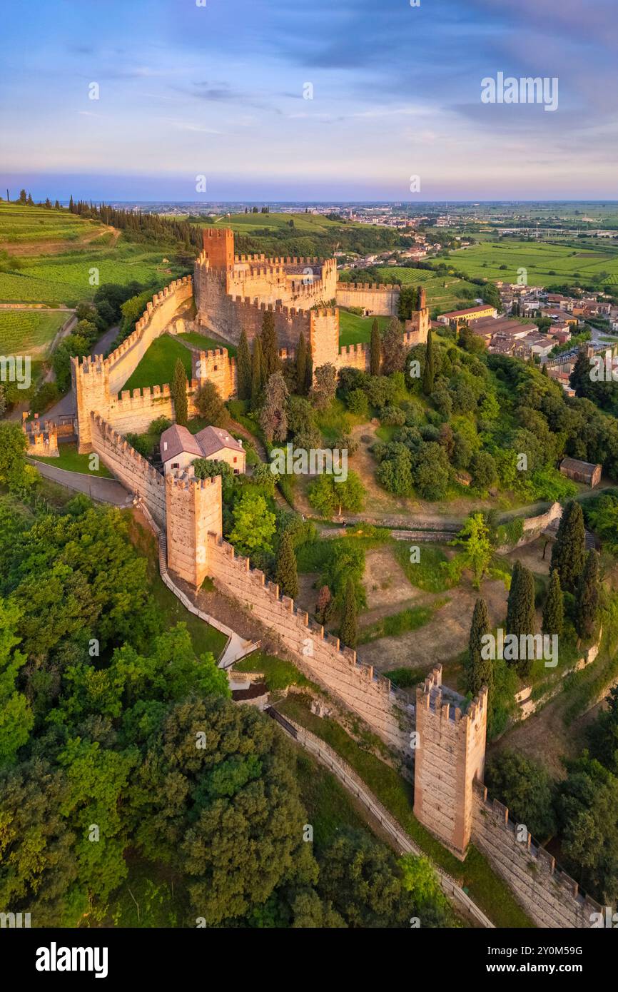 Aerial view of the Scaligero castle of Soave at sunset in summer ...