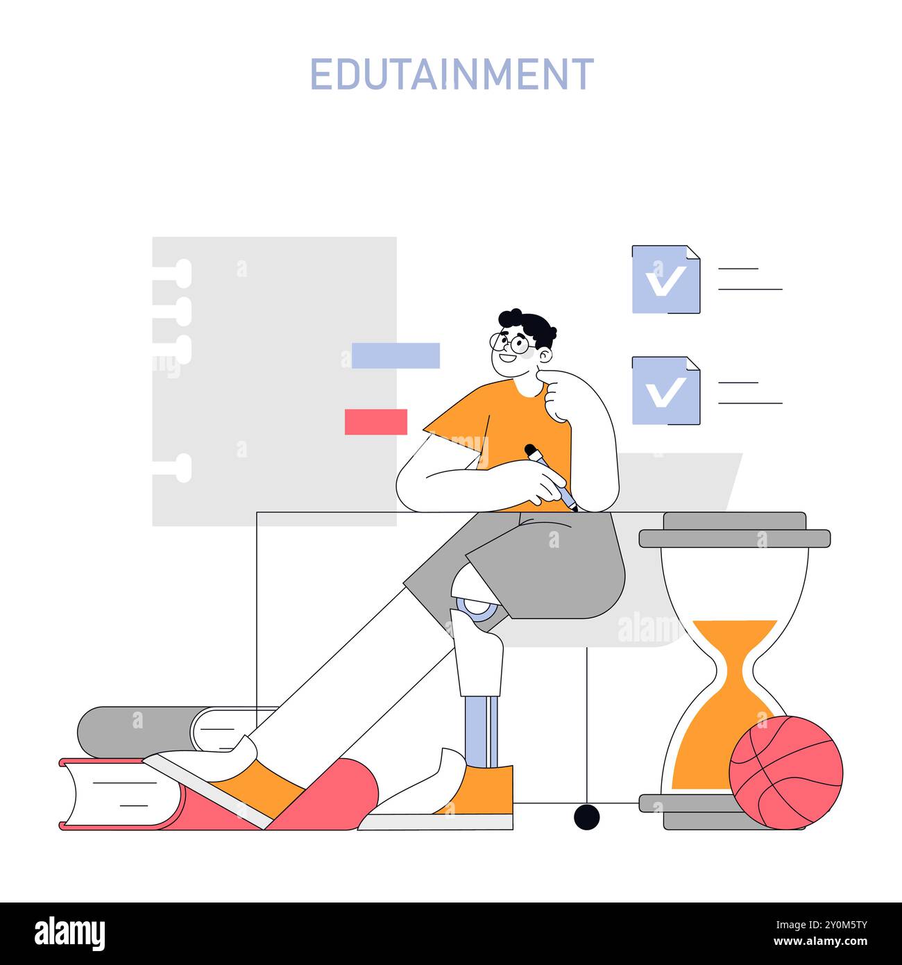 Edutainment concept. A content student engages in learning with books ...