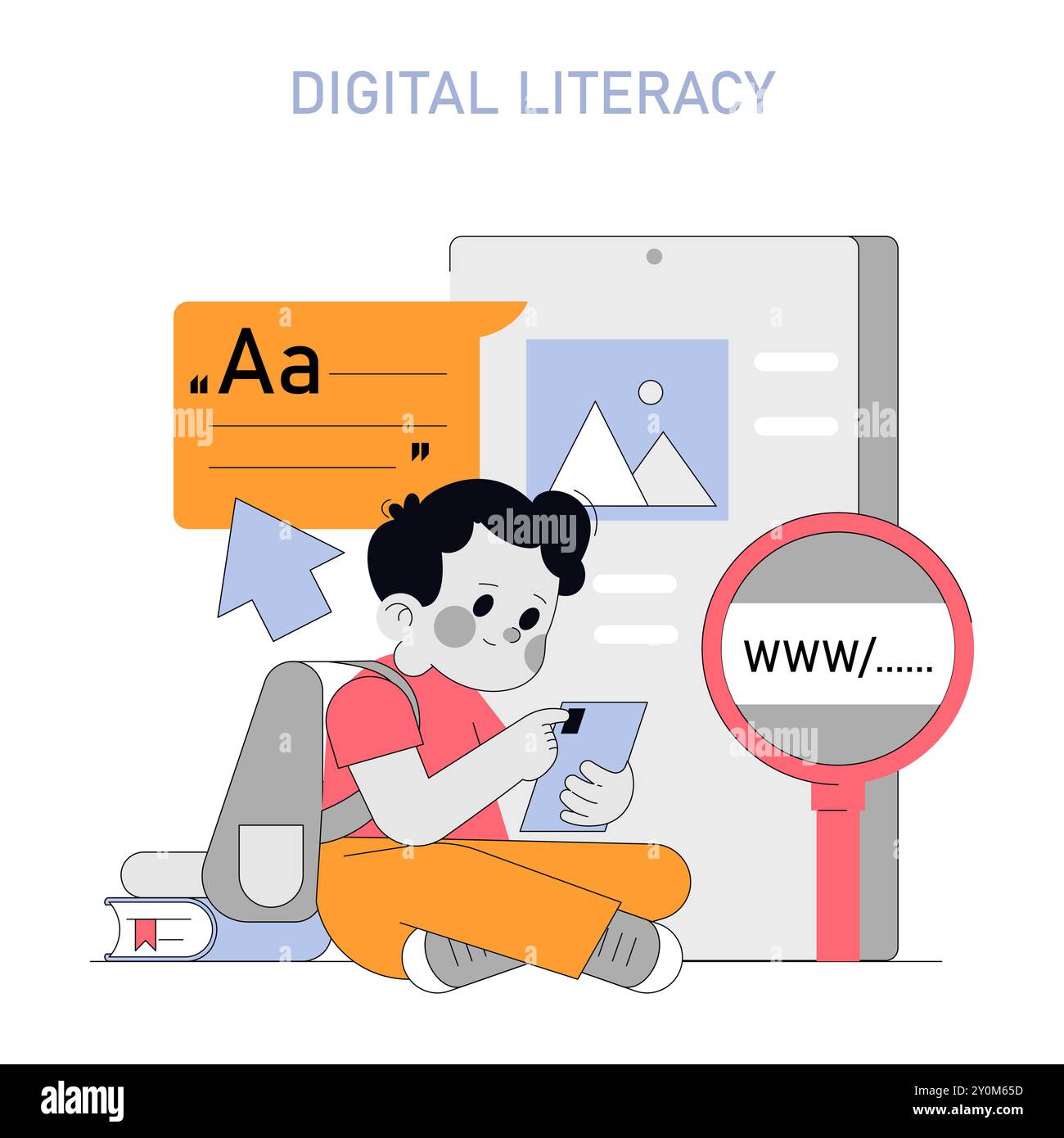 Digital Literacy concept. Young student learning online using tablet, surrounded by educational ...