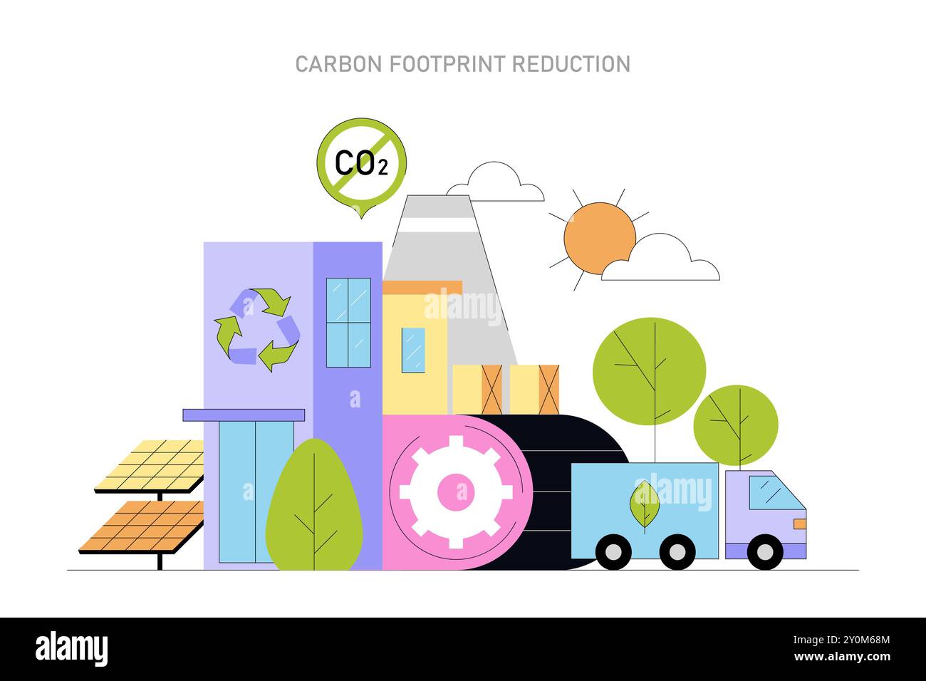 Carbon Footprint Reduction concept. Sustainable urban landscape with renewable energy and ...