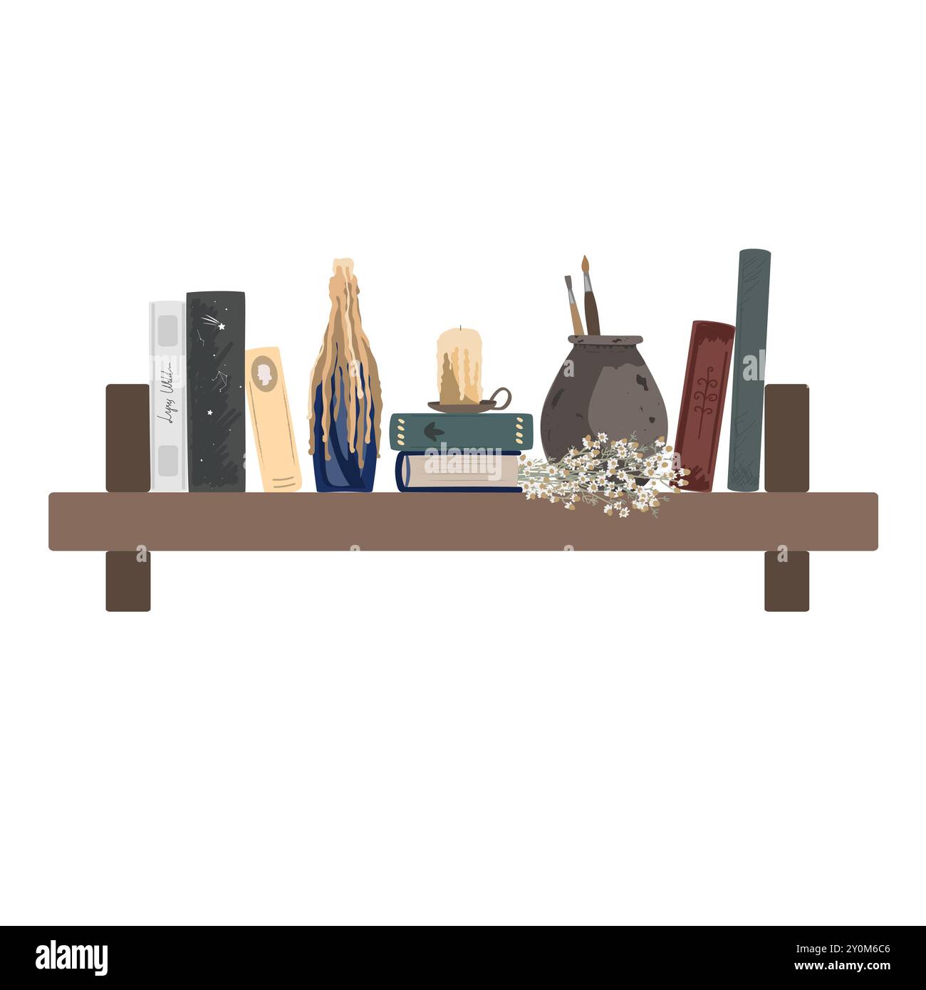 Old shelf with vintage books, dried herbs, jug with brushes, and candle ...