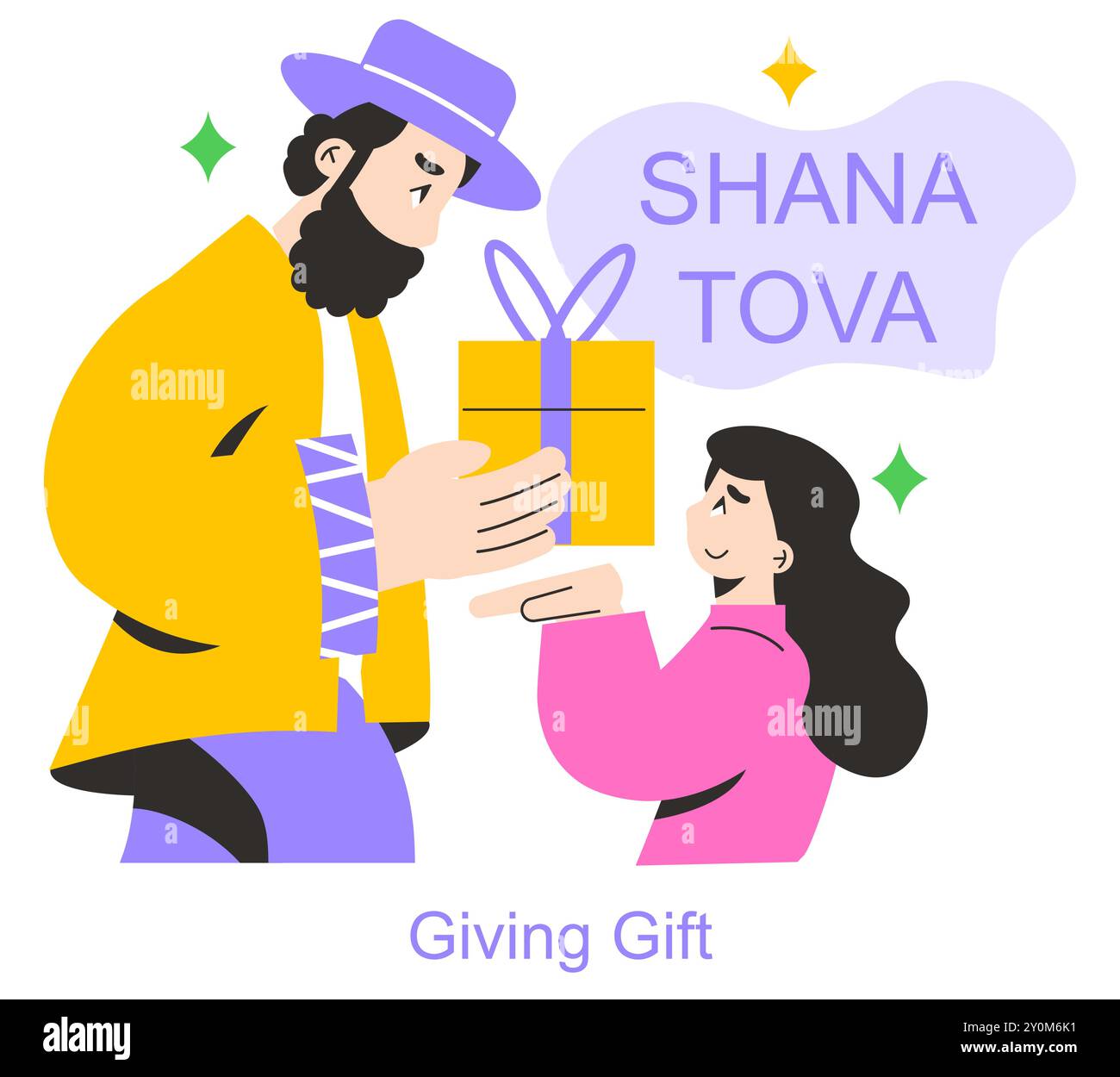 Rosh Hashanah concept. A man in traditional attire presents a gift to a ...
