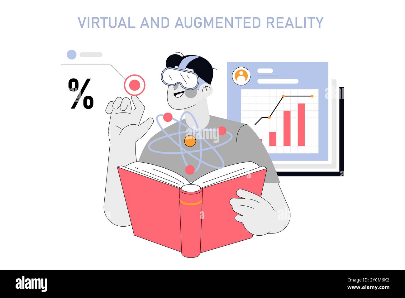 Virtual learning concept. A person with VR headset interacts with digital data while reading a ...