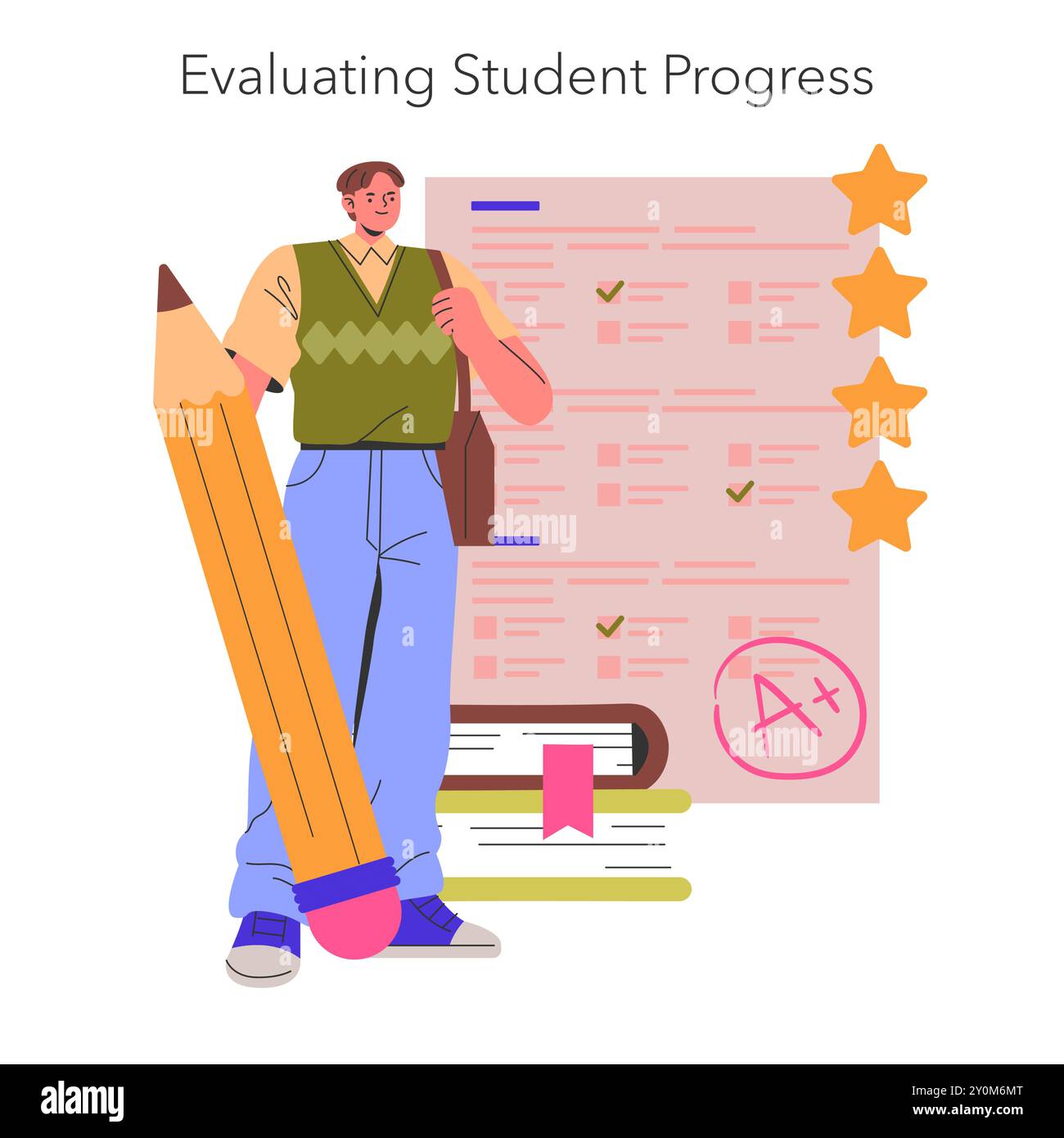 Teacher's profession concept. Educator stands with oversized pencil ...