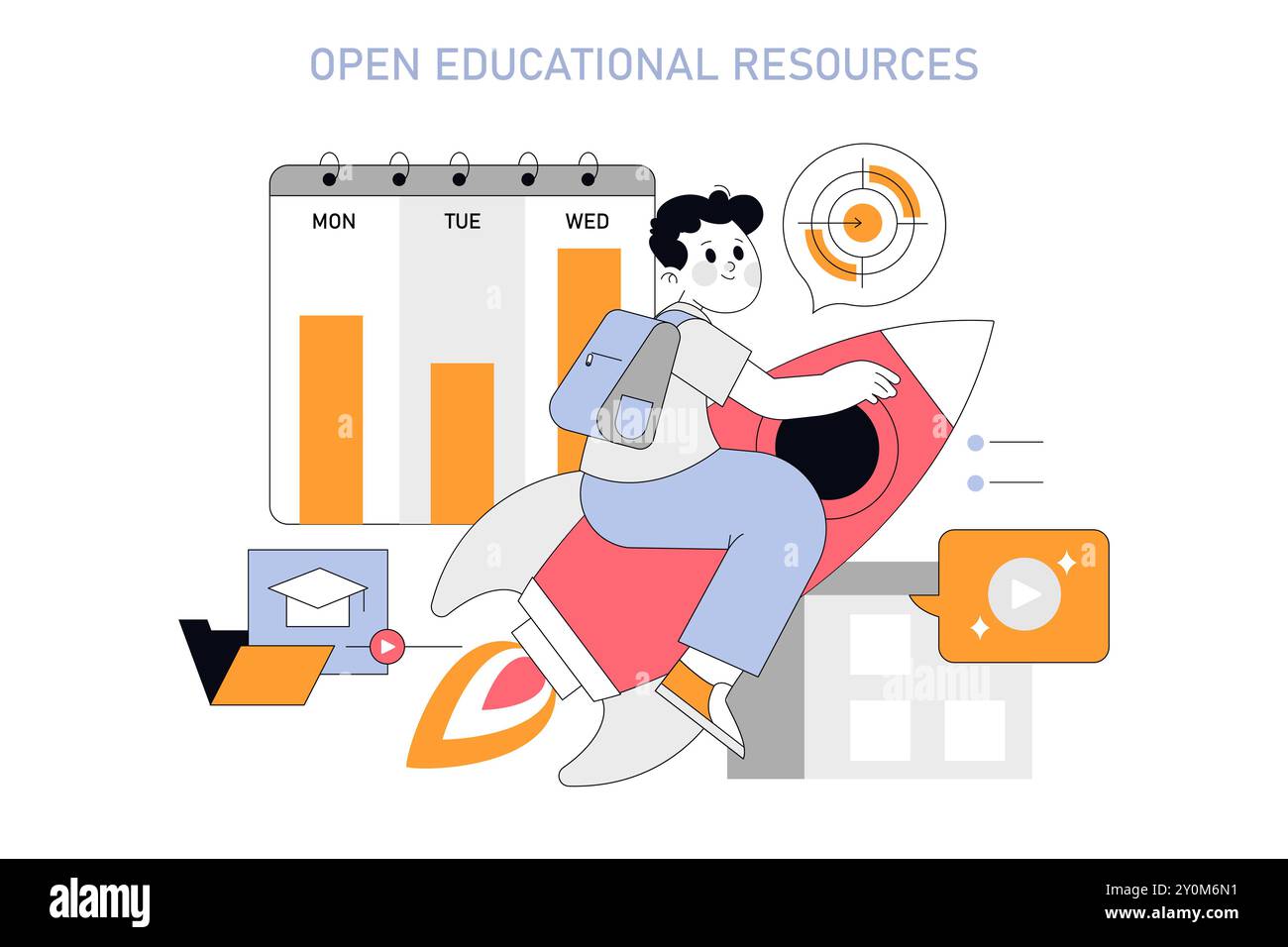 Education concept. A student rockets towards academic success with online resources and video ...