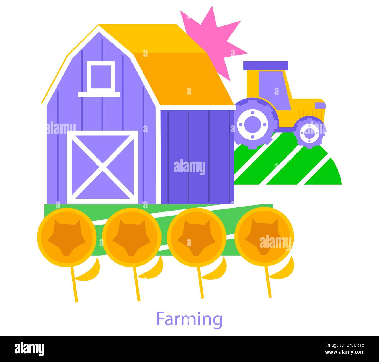 Agriculture concept. Simplified depiction of a farm with a barn ...