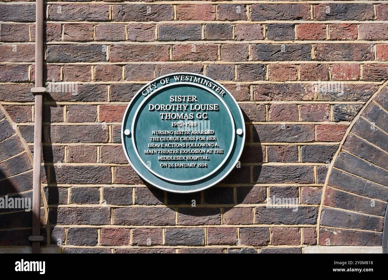 London, UK. Commemorative plaque at Middlesex Hospital, 3 Foley Street ...