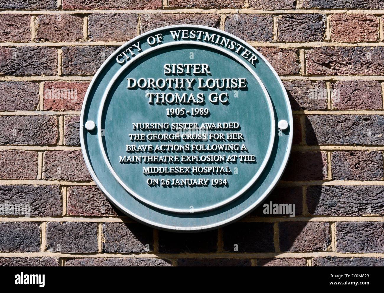 London, UK. Commemorative plaque at Middlesex Hospital, 3 Foley Street ...