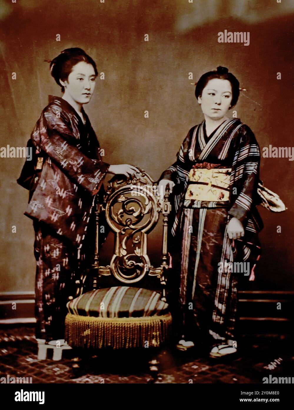YOKOHAMA TWO WOMEN by Usui Shuzaburo 1880 Japanese hand-coloured black ...