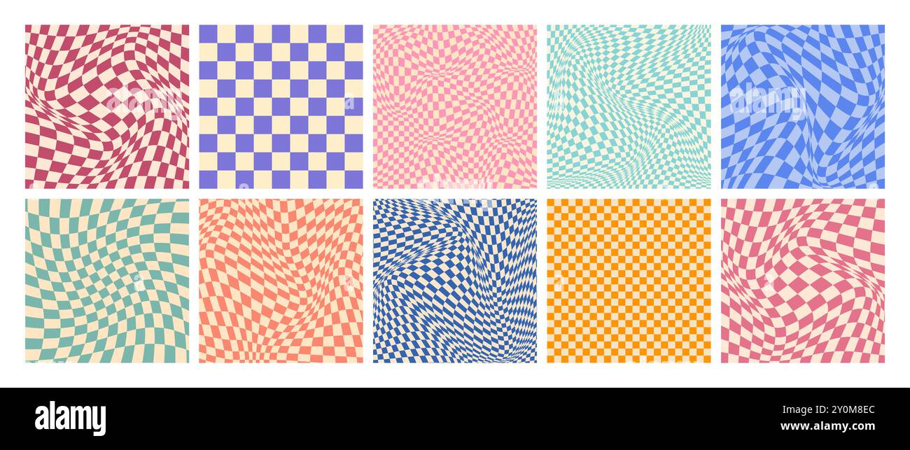 Groovy checkered pattern, colorful distorted tiled grid. Vintage wavy curved backdrop ...
