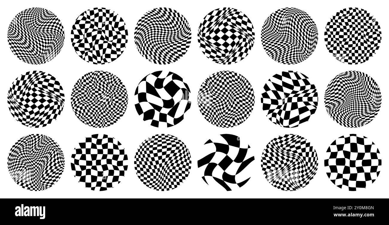 Trendy round checkered pattern, distorted tiled grid. Wavy curved ...