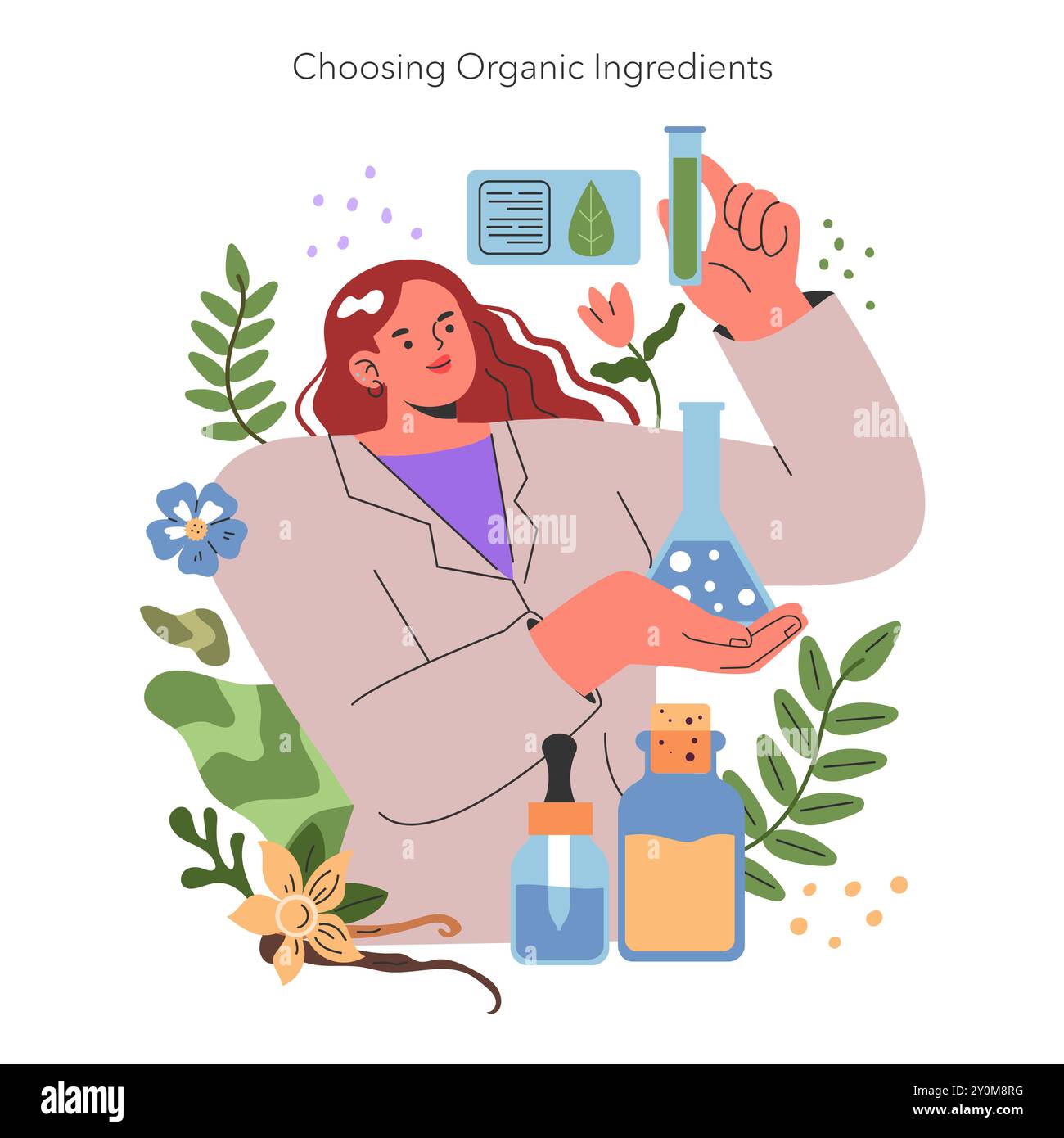 Ethical Cosmetics concept. A scientist selects natural ingredients for ...