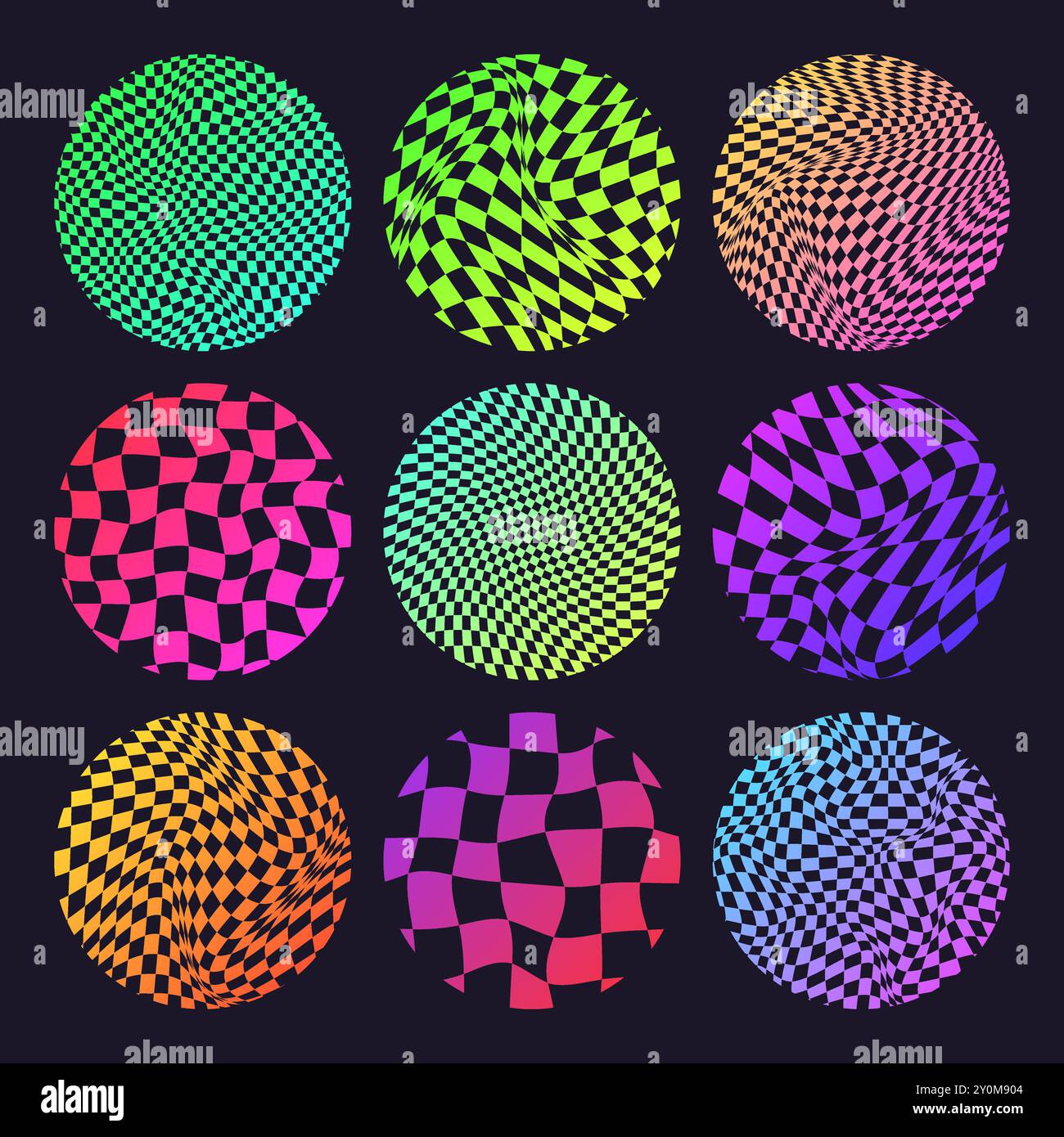 Groovy checkered pattern, neon round tiled grid. Vintage wavy curved ...