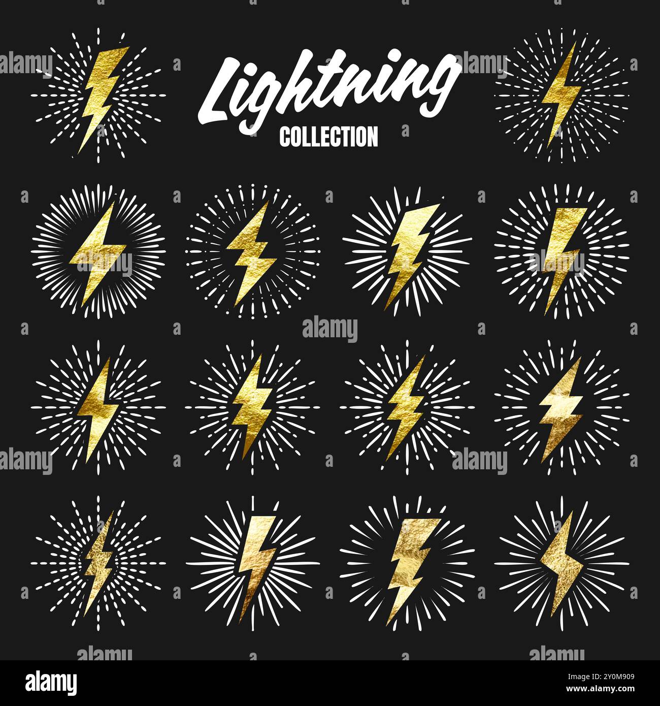 Set of vintage golden lightning bolts and sun rays. Gold foil texture ...