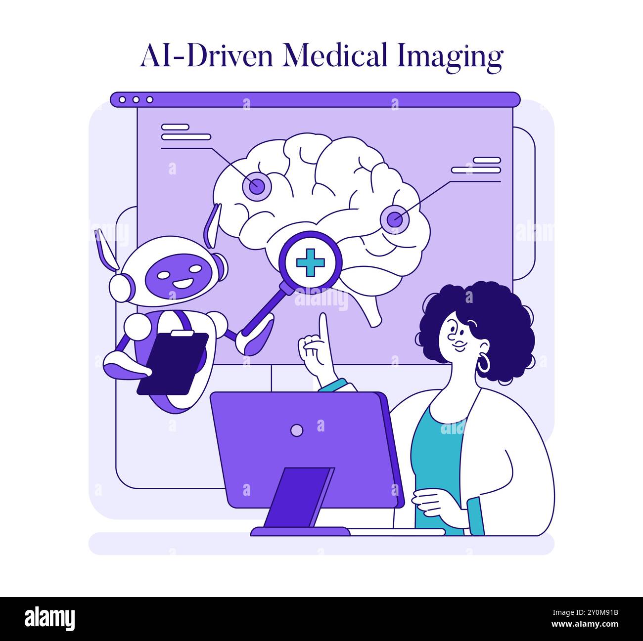 AI in Medicine concept. A robot assists with brain imaging analysis ...