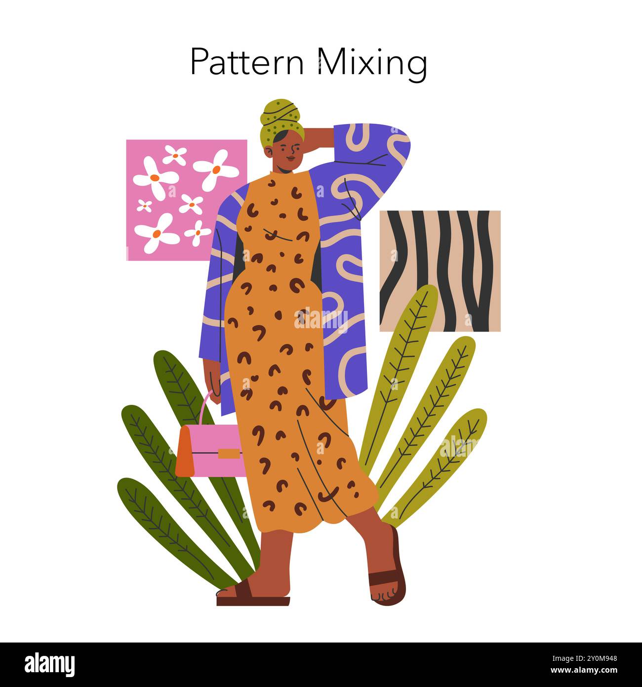 Fashion Trends concept. Stylish woman showcasing mixed patterns in a ...