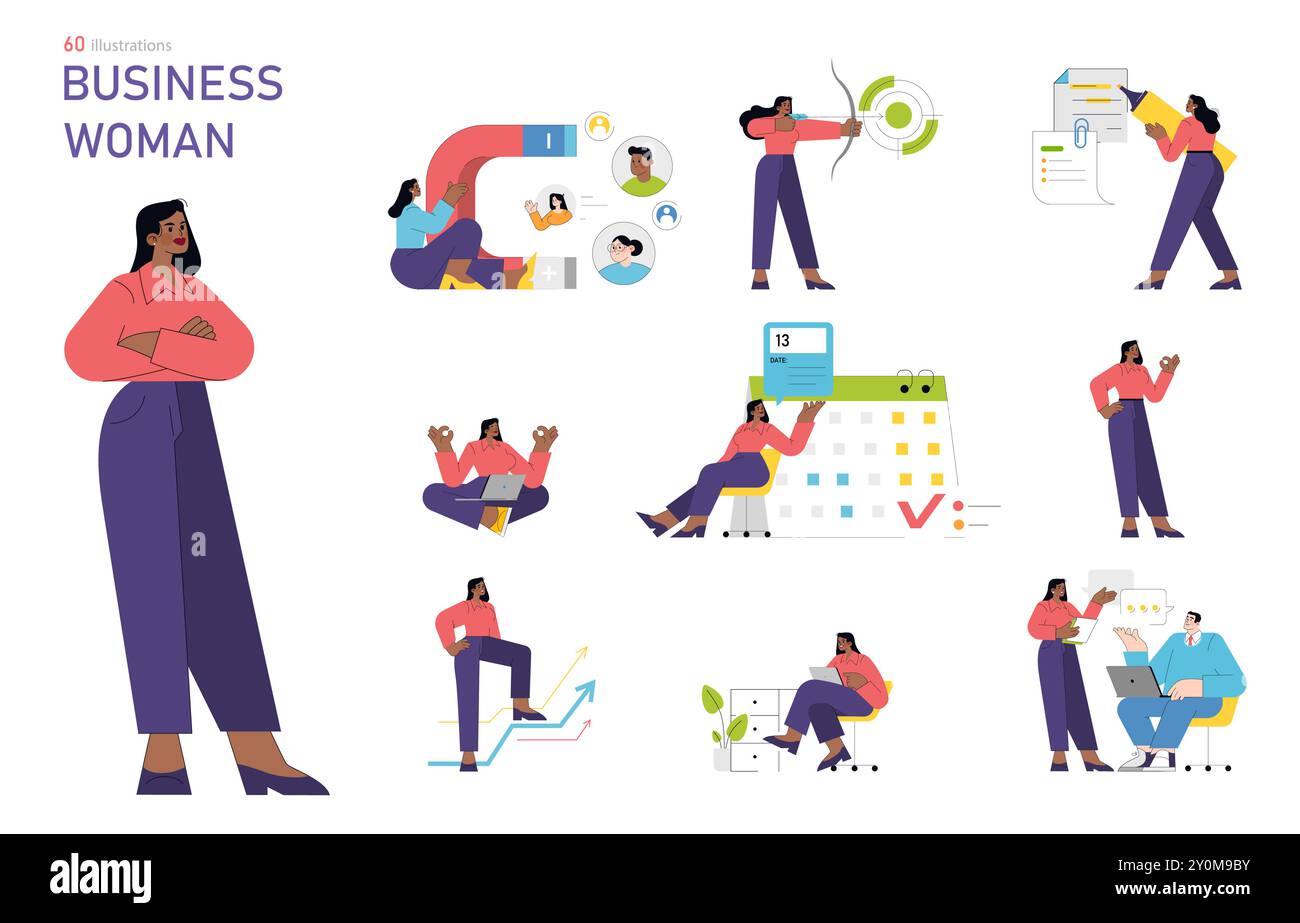 Business Woman set. Diverse professional scenarios featuring a ...