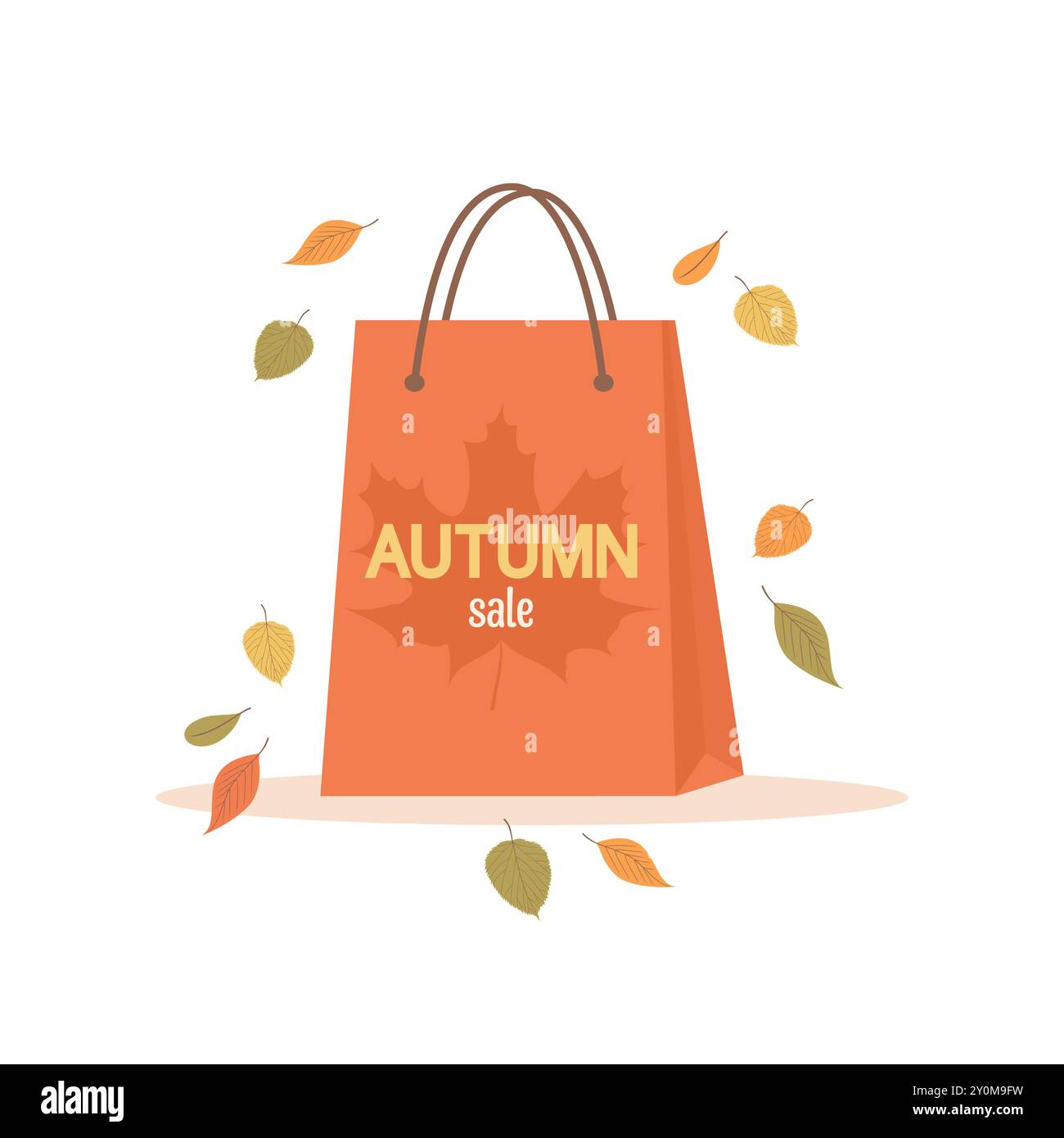 Orange shopping bag with maple leaf and text on it and falling autumn ...