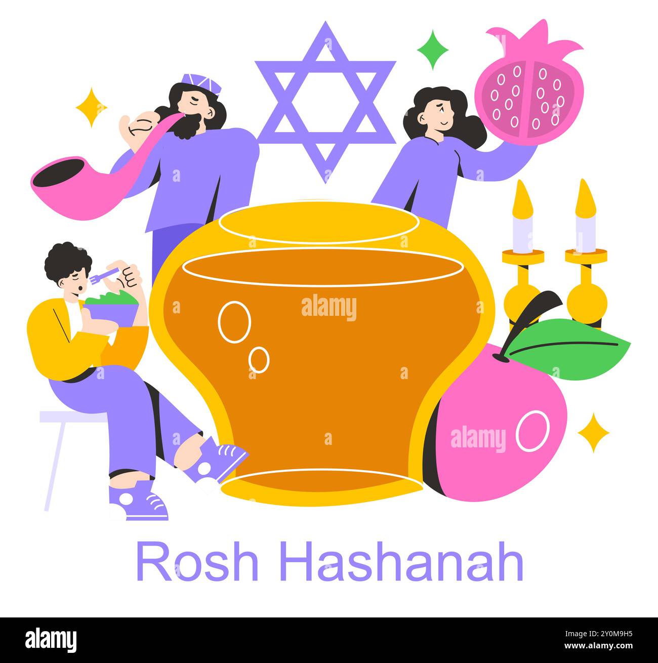 Rosh Hashanah concept. Joyful celebration with traditional symbols ...