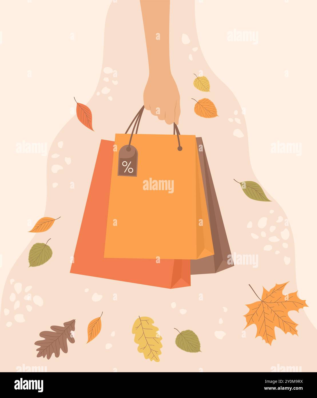 Hand holding shopping bags and falling autumn leaves around on beige ...
