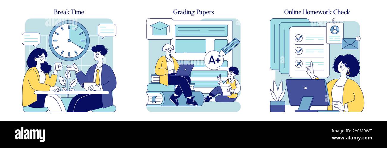 Teacher's Daily Routine set. Educators during break time, grading ...