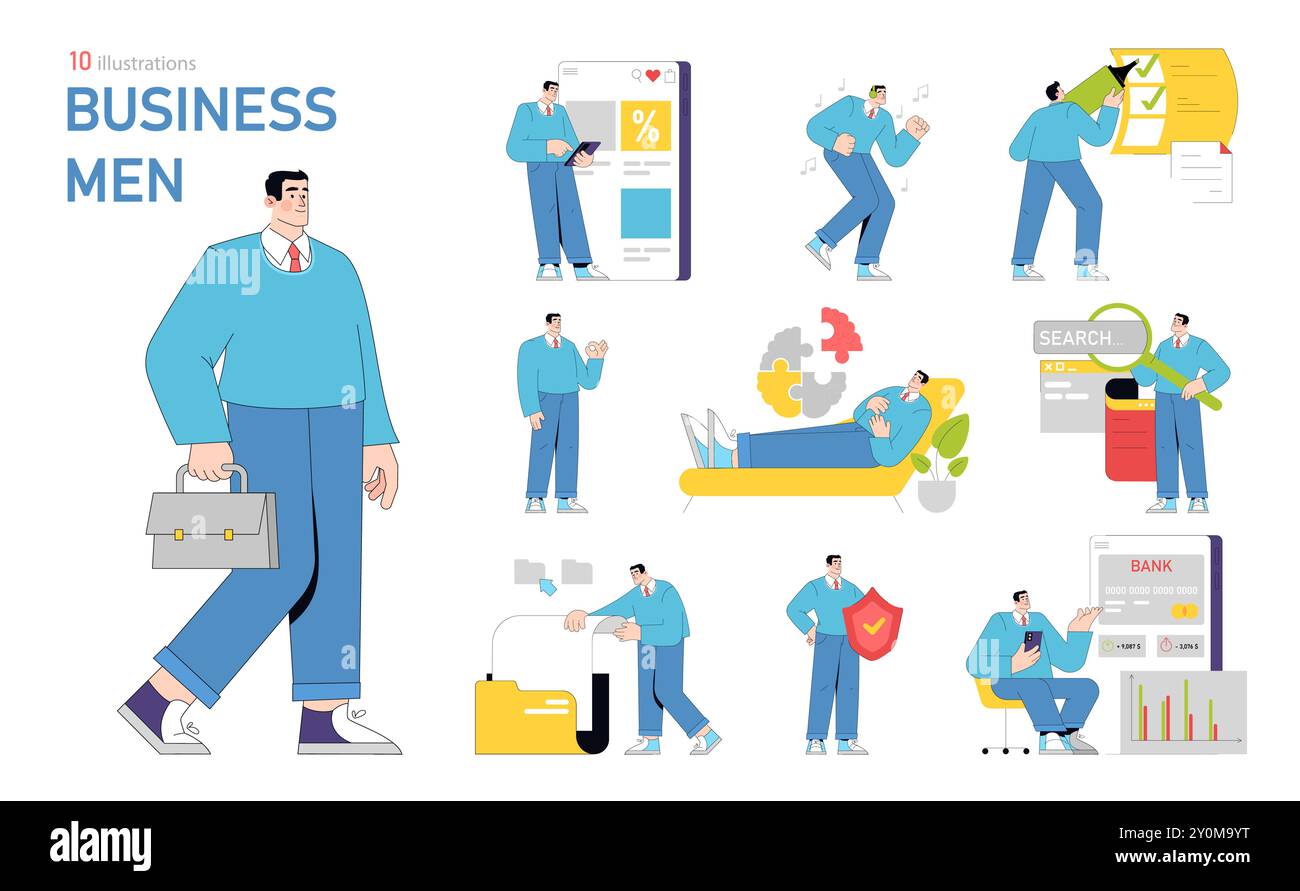 Businessman set. A professional in various work situations from ...
