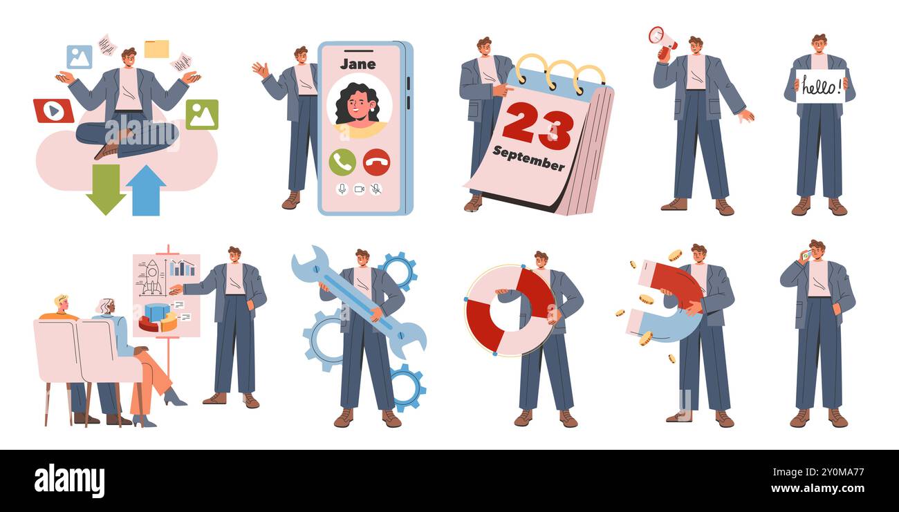 Businessman set. Various corporate activities and tasks. Presenting ...