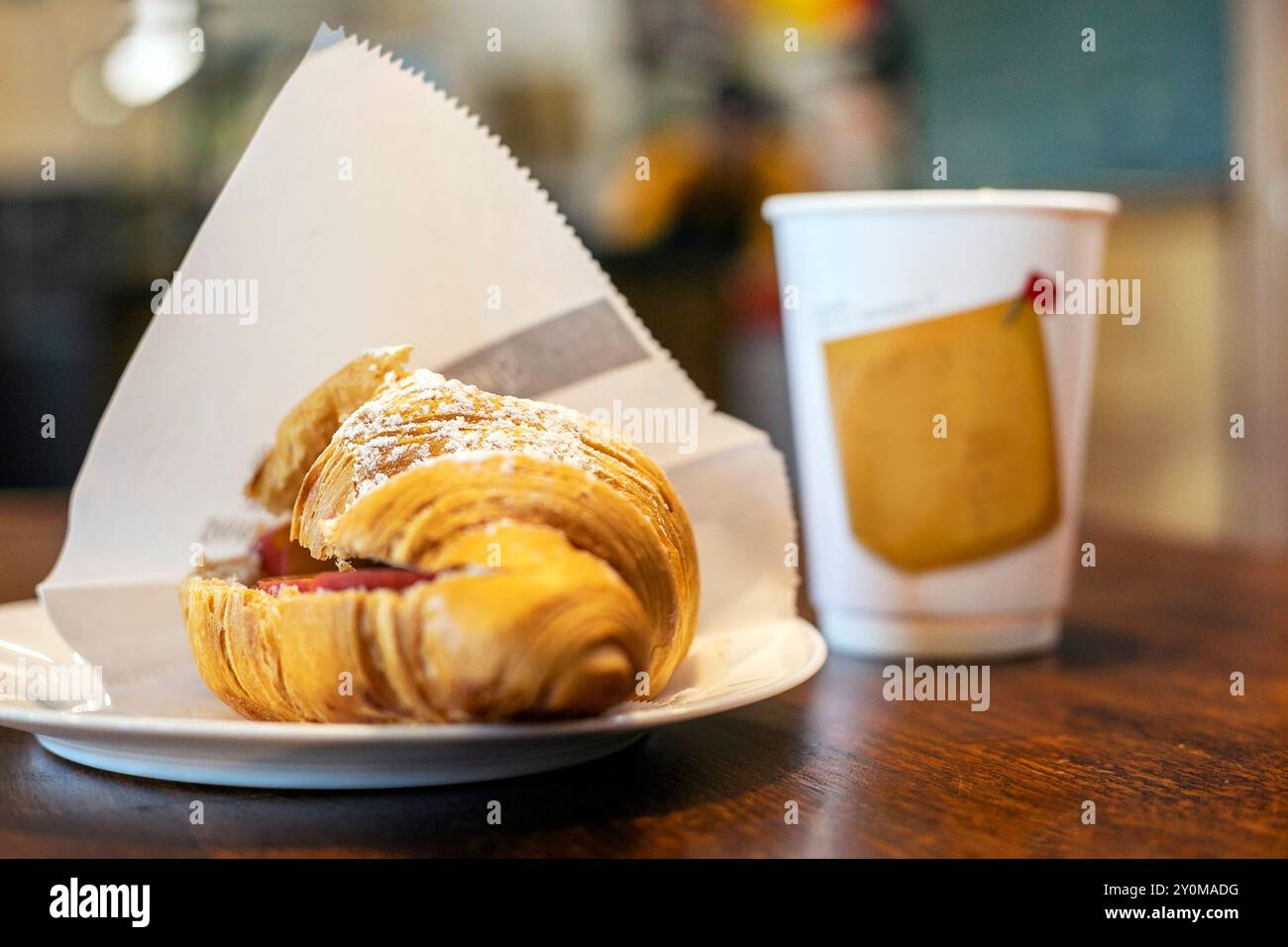 fresh hot croissant with peach and hot drink. Morning snack. Back to ...