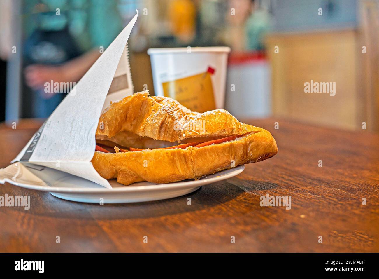 fresh hot croissant with peach and hot drink. Morning snack. Back to ...