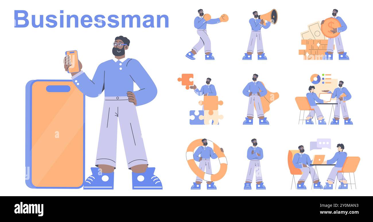 Businessman concept set. A diverse range of office activities and ...