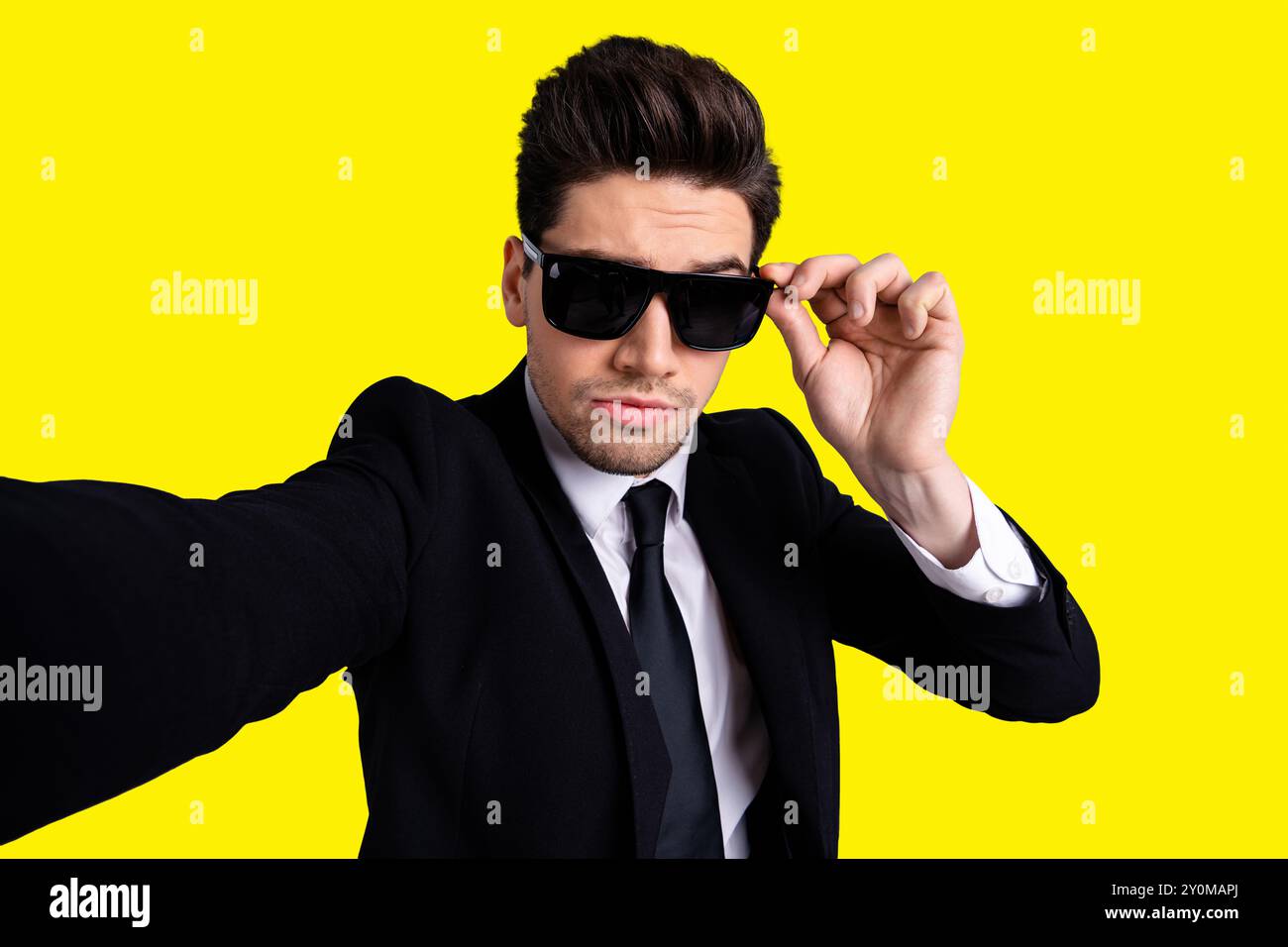 Close up photo amazing he him his macho handsome make take selfies ...